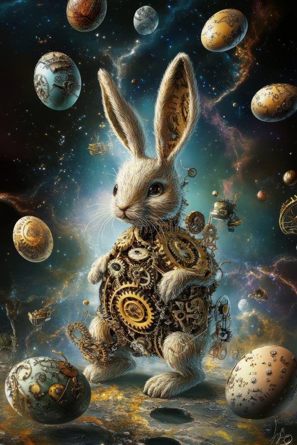 A Surreal Easter Bunny with Clockwork Gears Inside Its Body, Surrounded ...