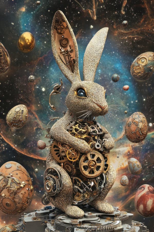 A Surreal Easter Bunny with Clockwork Gears Inside Its Body, Surrounded ...