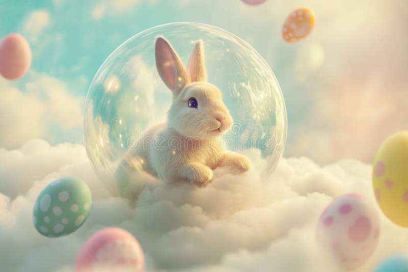 A Surreal Easter Bunny Inside a Dreamlike Glass Bubble, Floating among ...