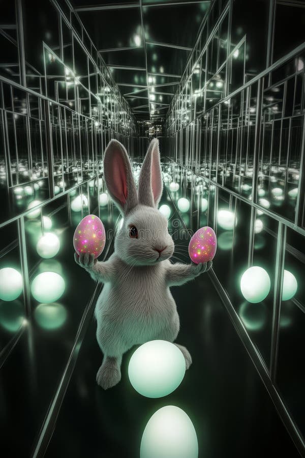 A Surreal Easter Bunny Standing in a Mirror Maze, Surrounded by Endless ...