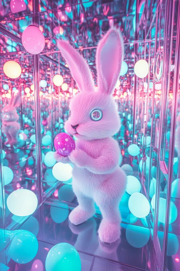 A Surreal Easter Bunny Standing in a Mirror Maze, Surrounded by Endless ...