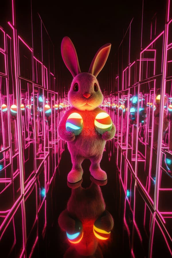 A Surreal Easter Bunny Standing in a Mirror Maze, Surrounded by Endless ...