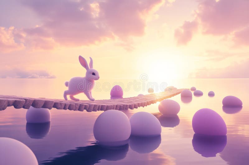 Surreal Easter Bunny Walking Bridge Made Floating Pastel Eggs Glowing ...