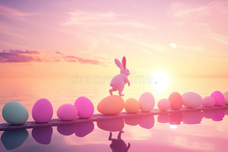 A Surreal Easter Bunny Walking on a Bridge Made of Floating Pastel Eggs ...