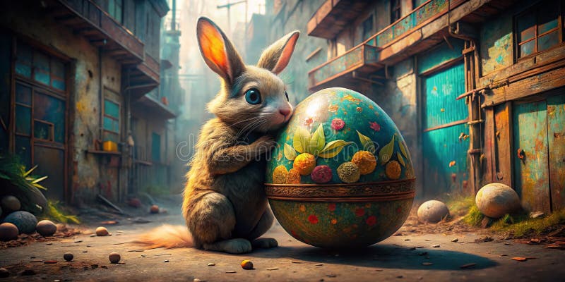 A Surreal Easter Encounter Urban Bunny Embraces a Monumental Egg Amidst ...