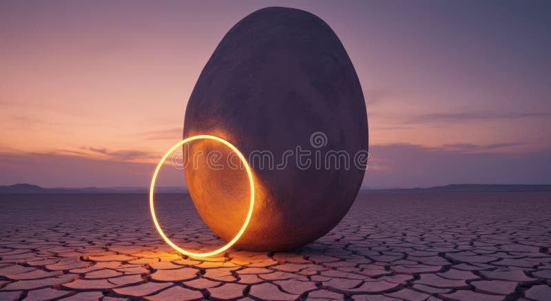 Surreal Egg-shaped Rock with Glowing Ring in Desert at Sunset Stock ...