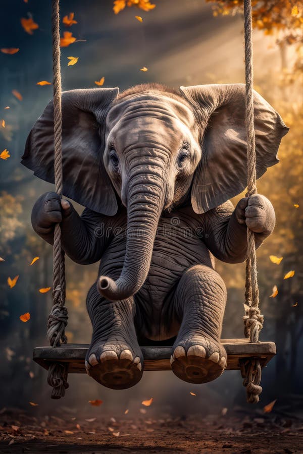 Surreal Elephant Having Fun on a Rope Swing in the Jungle. AI Generated ...