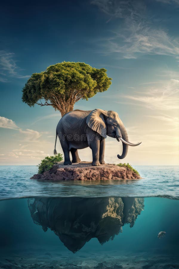 Surreal Elephant Standing on a Tiny Island with a Single Tree. AI ...