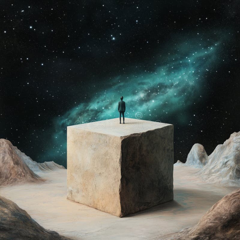 Surreal Exploration: Person on Floating Cube Amidst Cosmic Landscape ...
