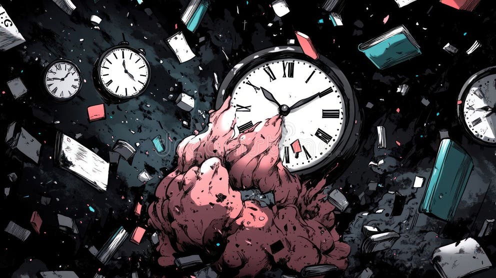 Time Crushing Under Pressure: Abstract Artwork of Clocks and Books ...