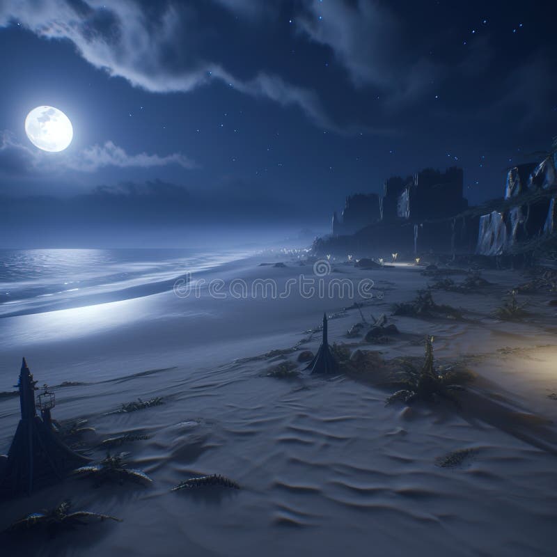 Surreal and Exquisite CG Render of Night Time of an Island Stock ...