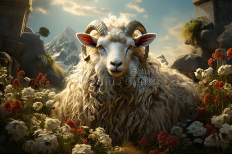 Surreal Extraordinary Ram Against the Backdrop of Nature and Mountains ...