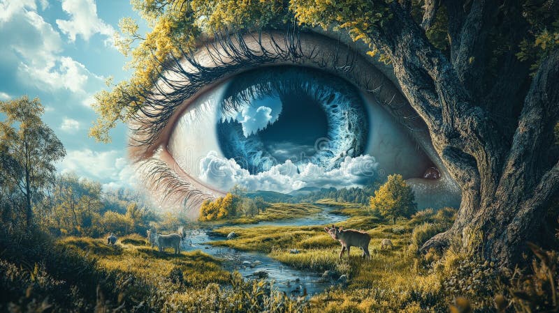 Surreal Eye Watching Idyllic Landscape with Animals and Trees Stock ...
