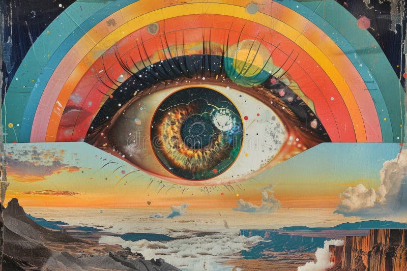 Surreal Eye Watching Psychedelic Landscape with Rainbow and Planets ...