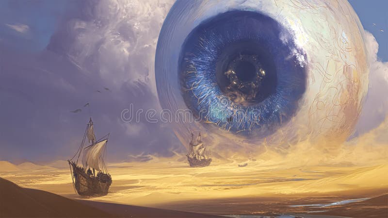 Surreal Eyeball Surreal Eye Looks at Ships at Sea, Abstract Background ...