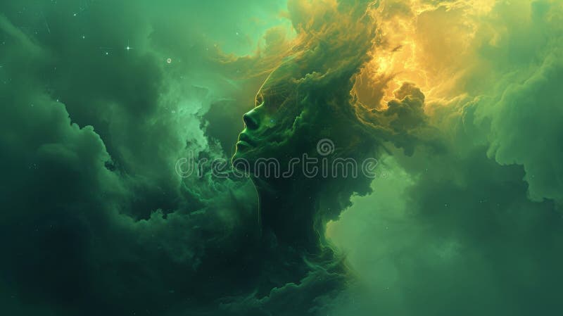 Surreal Face in Green Nebula with Glowing Cloud Details Stock Photo ...