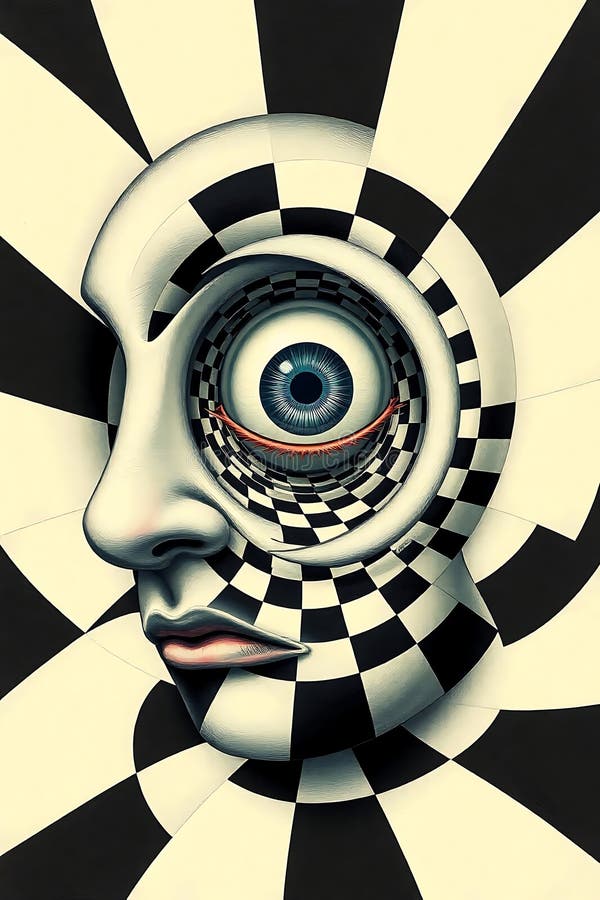 Surreal Face with Layered Central Eye and Warped Checkerboard Texture ...