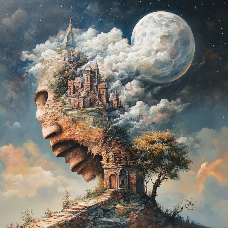 Surreal Face Sculpture with Moonlit Castle Landscape Stock Image ...