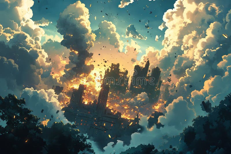 Surreal Fantasy Cityscape with Exploding Structures Amidst Dramatic ...