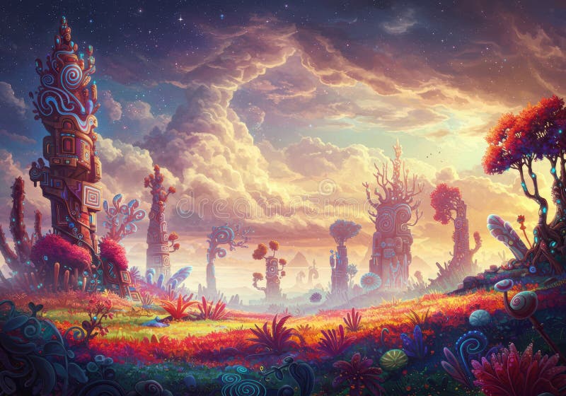 Surreal Fantasy Landscape with Colorful Sky and Mystical Structures at ...