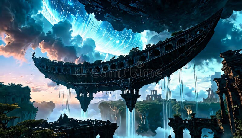 Surreal Fantasy Landscape with Floating Ancient Ship Stock Photo ...