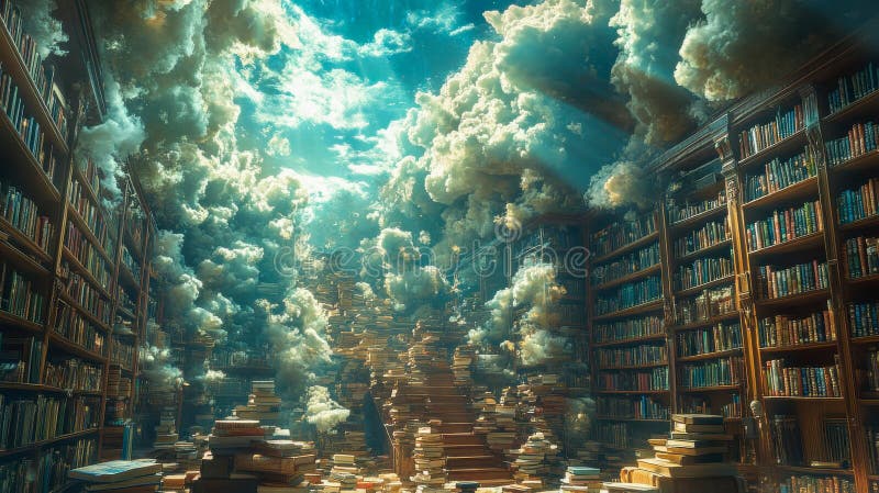 A Surreal Fantasy Library Filled with Towering Bookshelves and Floating ...