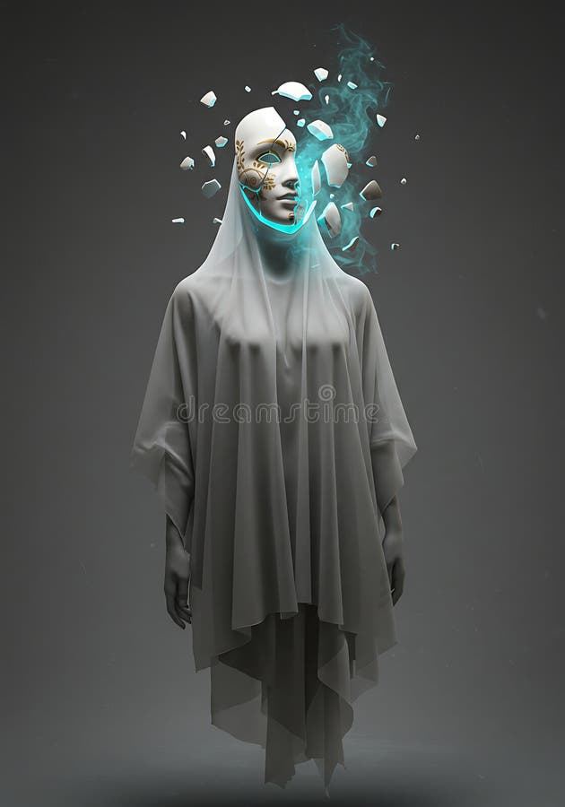 Surreal Figure with Exploding Mask and Flowing Fabric on Gray ...