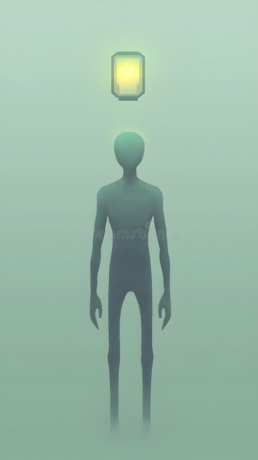 Surreal Figure in Mist with Glowing Light Above Stock Illustration ...