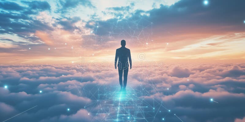 Surreal Figure Walking on Digital Pathway Above Clouds at Sunset ...