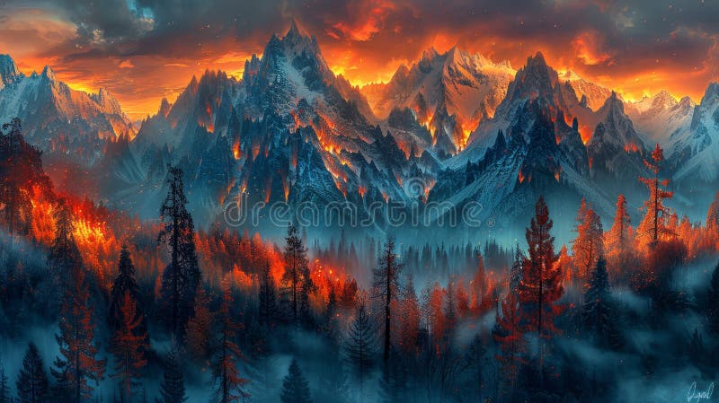 Surreal Fire and Ice Mountain Range Landscape with Scenic Sunset, Peaks ...