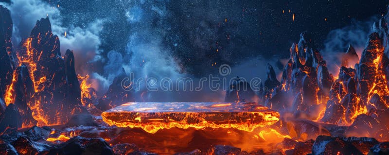 A Surreal Fire Lava Podium Setup with a Transparent Podium Floating ...