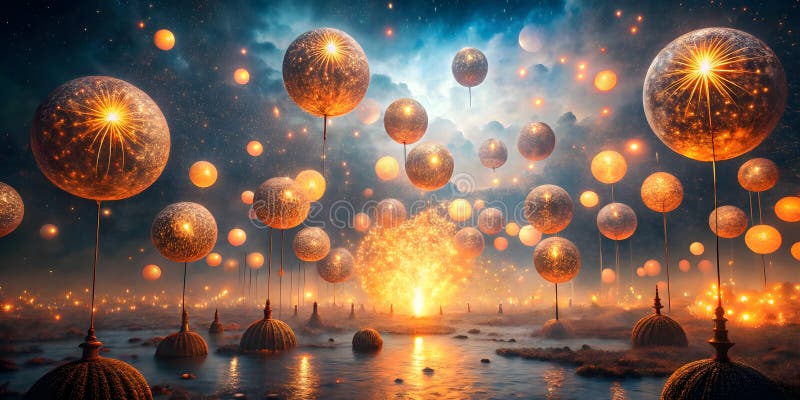 Surreal Firework-like Orbs Floating in a Dark Atmosphere Stock ...