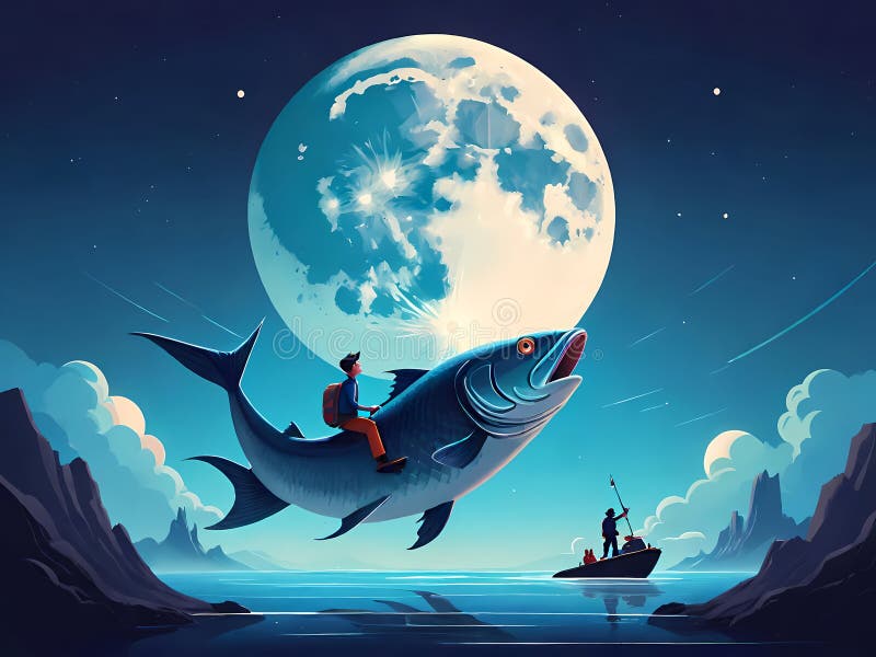 Surreal Fish Moon Scene stock illustration. Illustration of aquatic ...