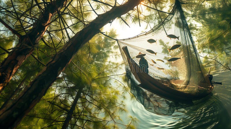 Surreal Fisherman Casting Net among Tree Canopy Stock Illustration ...