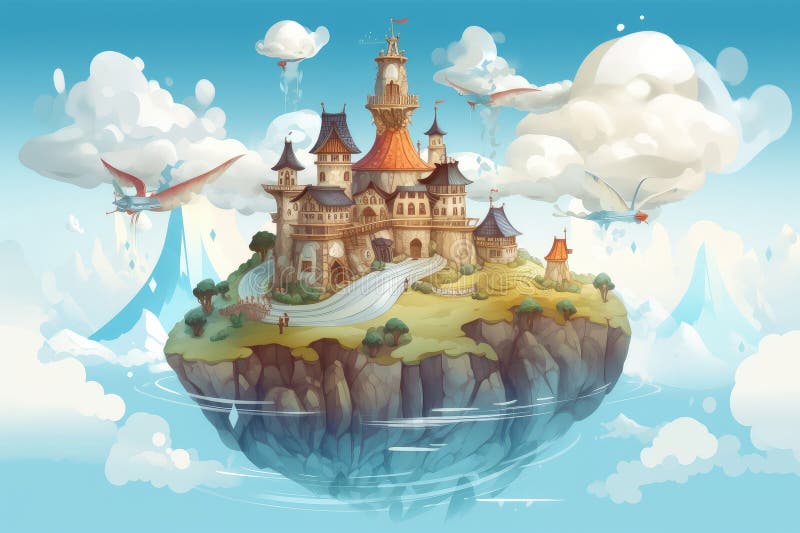 Surreal Float Island with Castle in the Clouds and Flying Dragons Stock ...