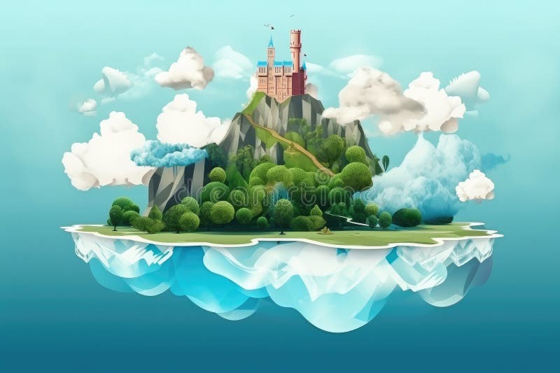 Surreal Float Island with Castle in the Clouds and Magical Waterfall ...