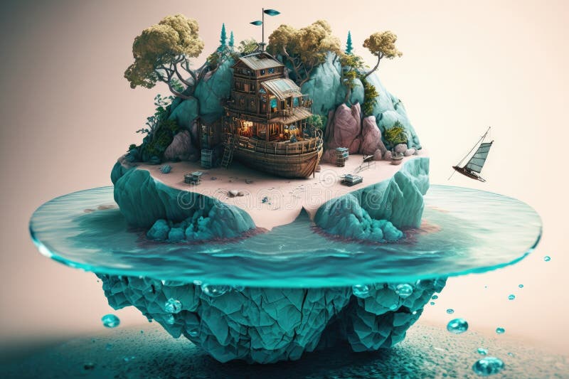 A Surreal Float Island with a Dock and Cabin on the Shore, Surrounded ...