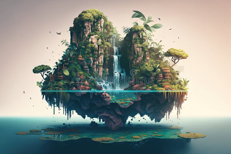 A Surreal Float Island with a Jungle Setting, Surrounded by Waterfalls ...