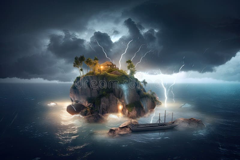 Surreal Float Island Surrounded by Stormy Sky, with Lightning Bolts ...