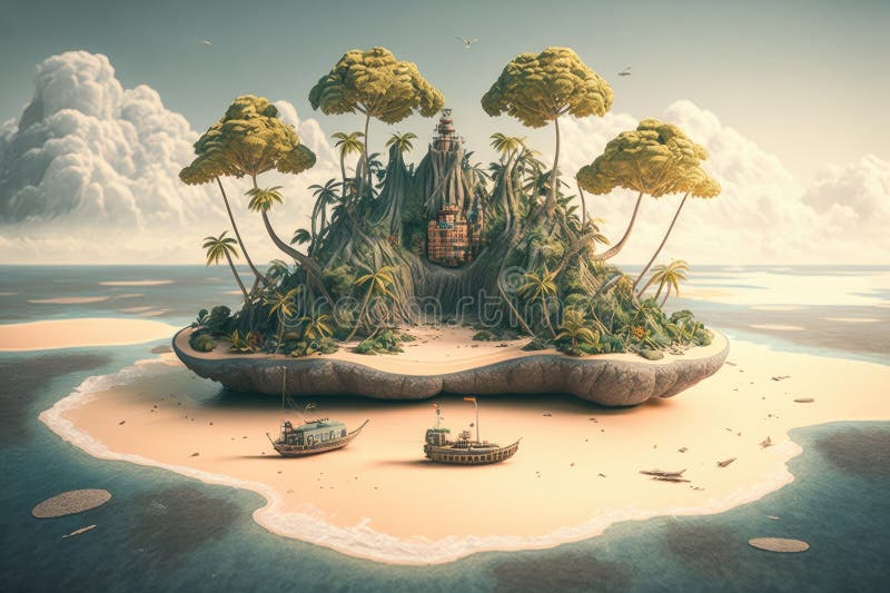 A Surreal Float Island Surrounded by Tropical Waters, with a Palm Tree ...