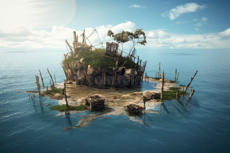 Surreal Float Island Surrounded by the Wreckage of a Shipwreck, with ...