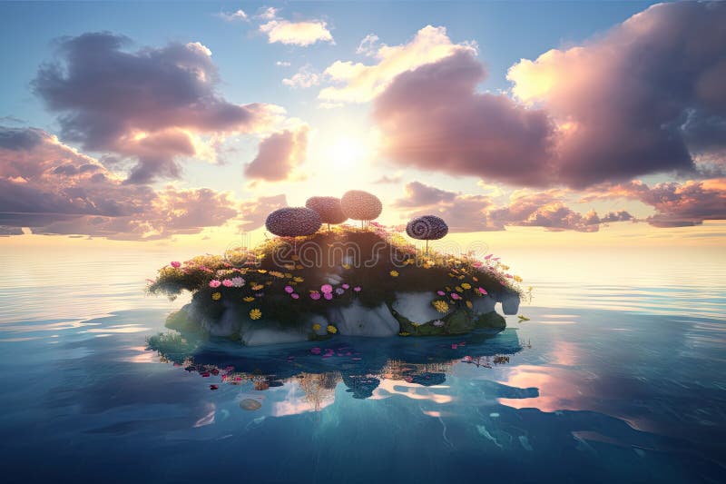 Surreal Float Island, with View of Sunset and Blooming Clouds in the ...
