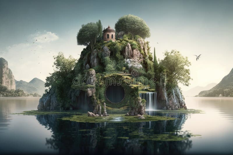 A Surreal Float Island, with a Waterfall and Lush Greenery, in the ...