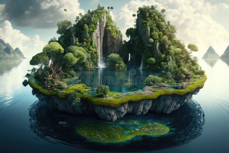 A Surreal Float Island, with a Waterfall and Lush Greenery, in the ...