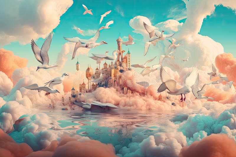 A Surreal Float Landscape with Clouds and Birds in the Sky Stock ...
