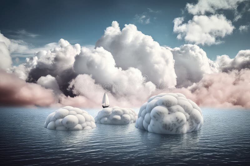 Surreal Float Landscape with Cloudy Sky and Rolling Clouds Stock ...