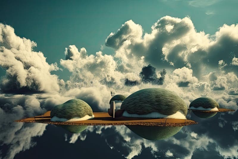 Surreal Float Landscape with Cloudy Sky and Rolling Clouds Stock ...