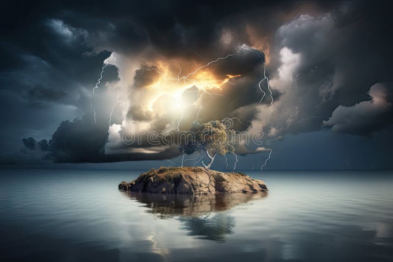 Surreal Float Landscape with Dramatic Storm Clouds and Lightning Stock ...