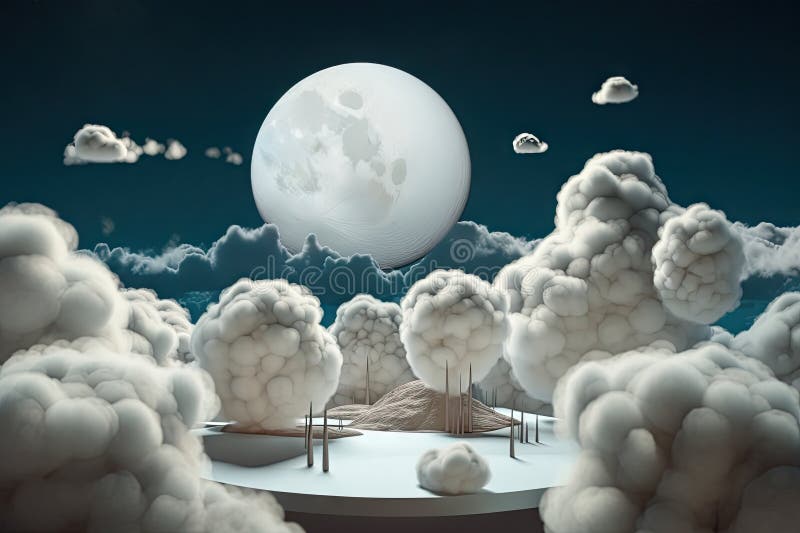 A Surreal Float Landscape with Floating Clouds and a Full Moon Stock ...