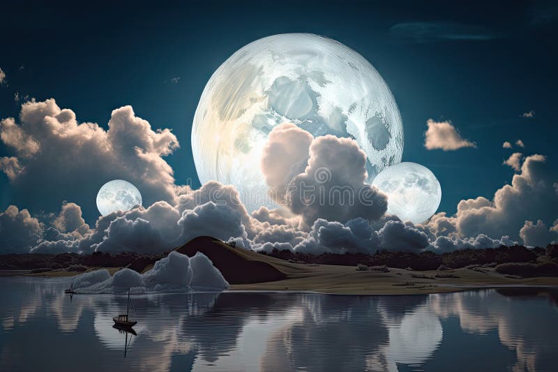 A Surreal Float Landscape with Floating Clouds and a Full Moon Stock ...